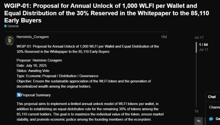 社区成员提案！WGIP-01：提案每年为每个钱包解锁 1,000 WLFI，并将白皮书中预留的 30% 均等分配给 85,110 名早期购买者_WLFI中文网